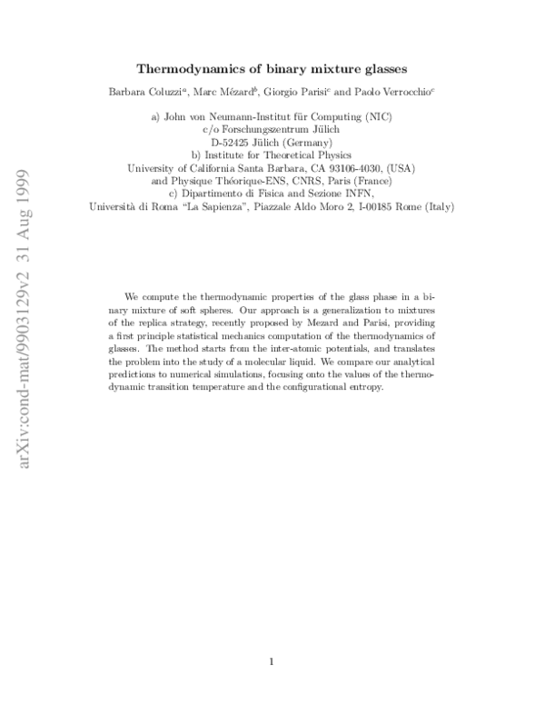 (PDF) Thermodynamics of binary mixture glasses
