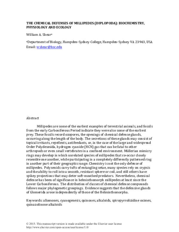 (PDF) The chemical defenses of millipedes (diplopoda): Biochemistry ...