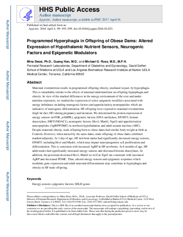 (PDF) Programmed Hyperphagia in Offspring of Obese Dams: Altered ...