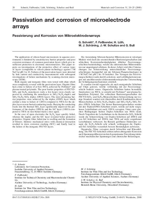 (PDF) Passivation and corrosion of microelectrode arrays