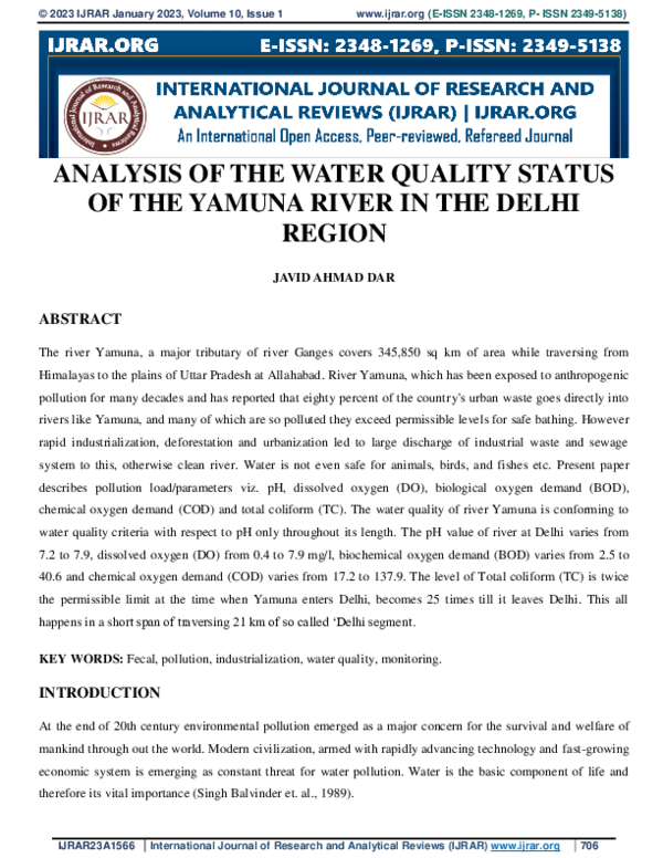 (PDF) ANALYSIS OF THE WATER QUALITY STATUS OF THE YAMUNA RIVER IN THE ...