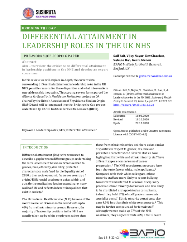 (PDF) Differential Attainment in Leadership Roles in the UK NHS