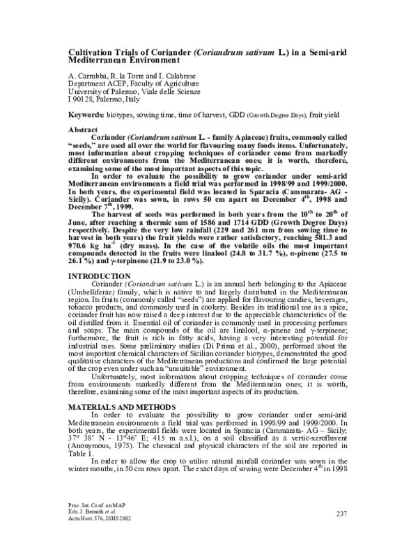 (PDF) Cultivation Trials of Coriander (Coriandrum Sativum L.) in a Semi-Arid Mediterranean ...