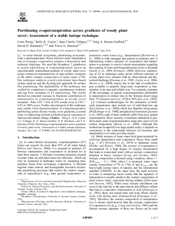(PDF) Partitioning evapotranspiration across gradients of woody plant cover: Assessment of a ...
