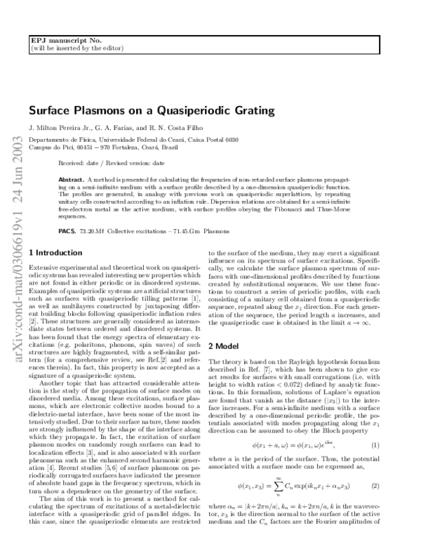 (PDF) Surface plasmons on a quasiperiodic grating | Raimundo Filho ...