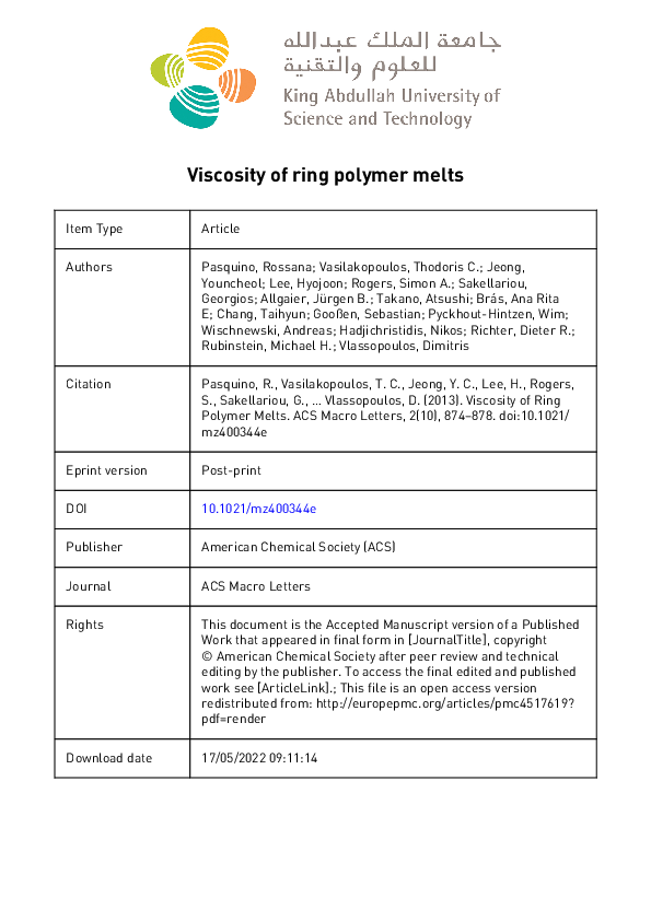 (PDF) Viscosity of Ring Polymer Melts | Michael Rubinstein - Academia.edu