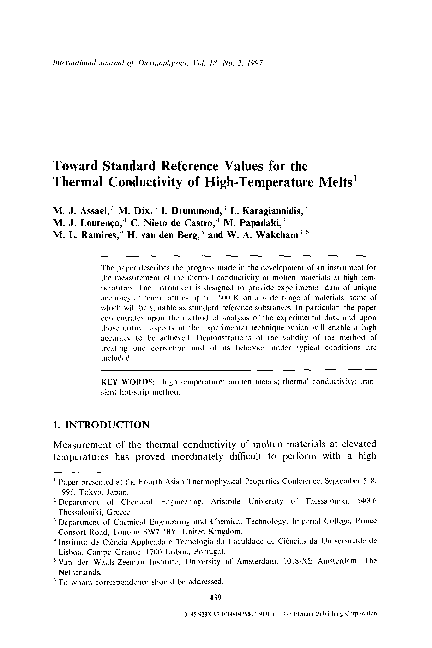 (PDF) Toward standard reference values for the thermal conductivity of high-temperature melts