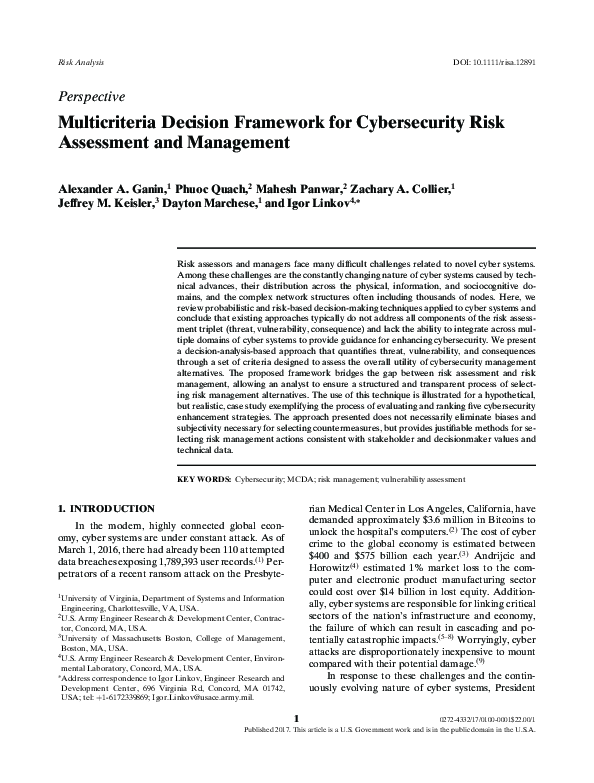 Pdf Multicriteria Decision Framework For Cybersecurity Risk