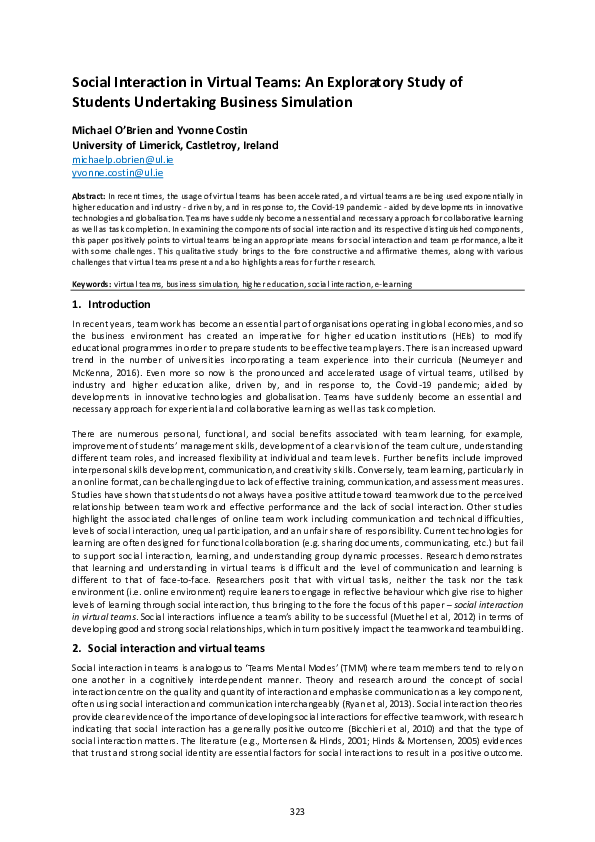 (PDF) Social Interaction in Virtual Teams – An Exploratory Study of Students Undertaking ...