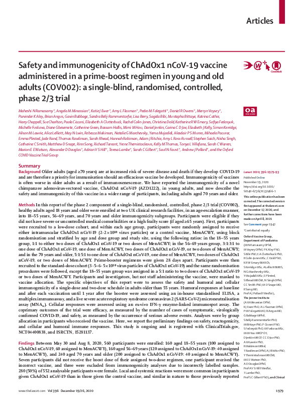 (PDF) Safety and immunogenicity of ChAdOx1 nCoV-19 vaccine administered ...