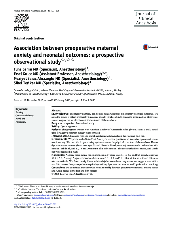 (PDF) Association between preoperative maternal anxiety and neonatal ...