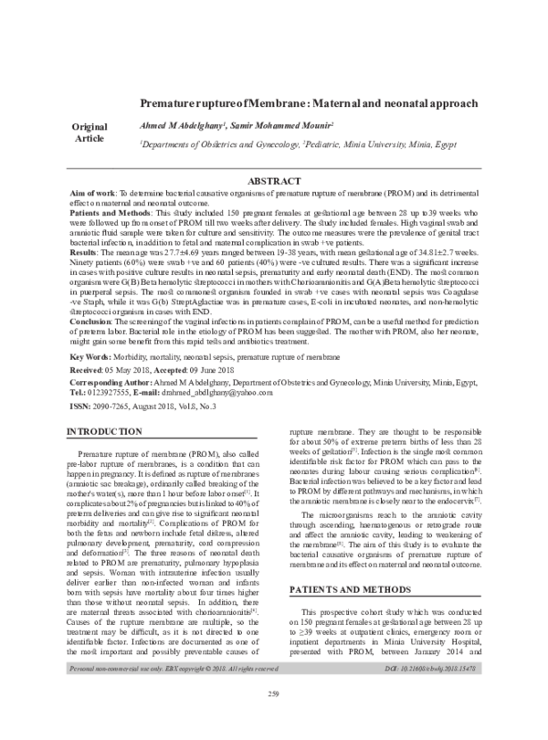 (PDF) Premature rupture of Membrane : Maternal and neonatal approach