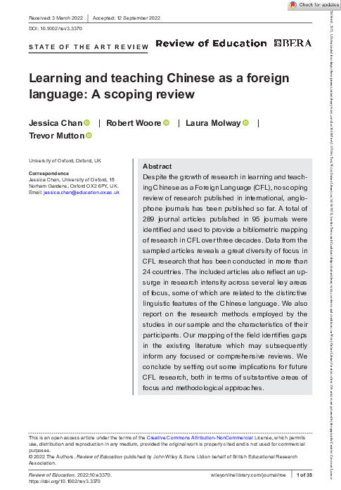 (PDF) Learning and teaching Chinese as a foreign language: A scoping review