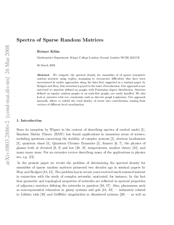 (PDF) Spectra of sparse random matrices