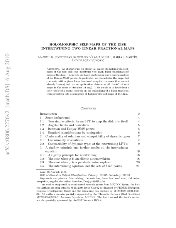 (PDF) Holomorphic self-maps of the disk intertwining two linear ...