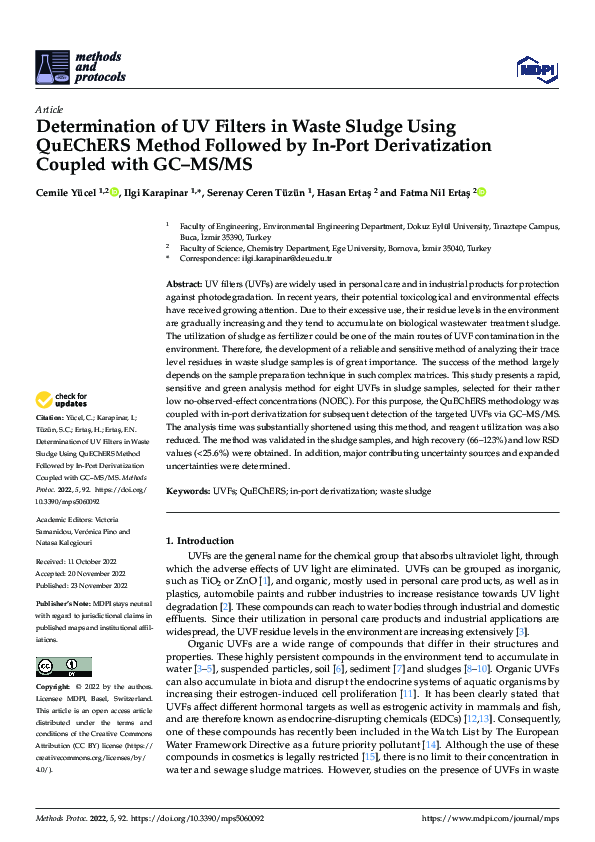 (PDF) Determination of UV Filters in Waste Sludge Using QuEChERS Method Followed by In-Port ...