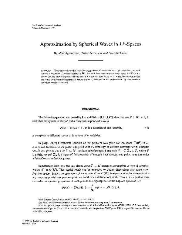 (PDF) Approximation by spherical waves inL p -spaces | Mark Agranovsky - Academia.edu