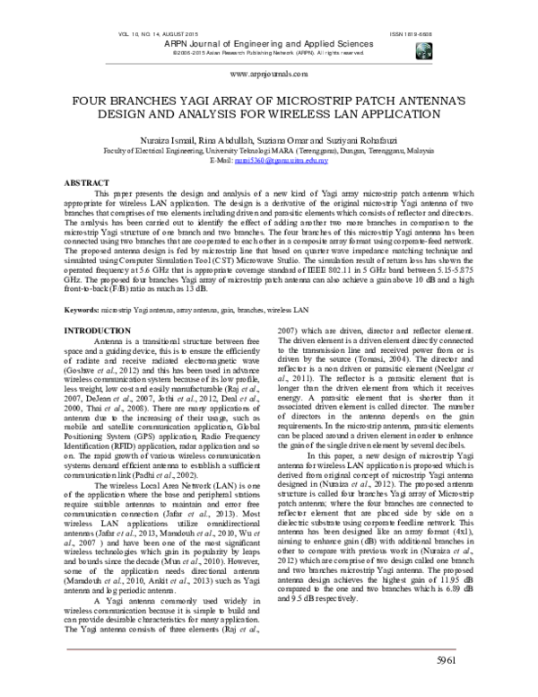 (PDF) Four Branches Yagi Array of Microstrip Patch Antenna's Design and Analysis for Wireless ...