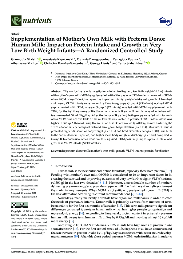 (PDF) Supplementation of Mother’s Own Milk with Preterm Donor Human ...