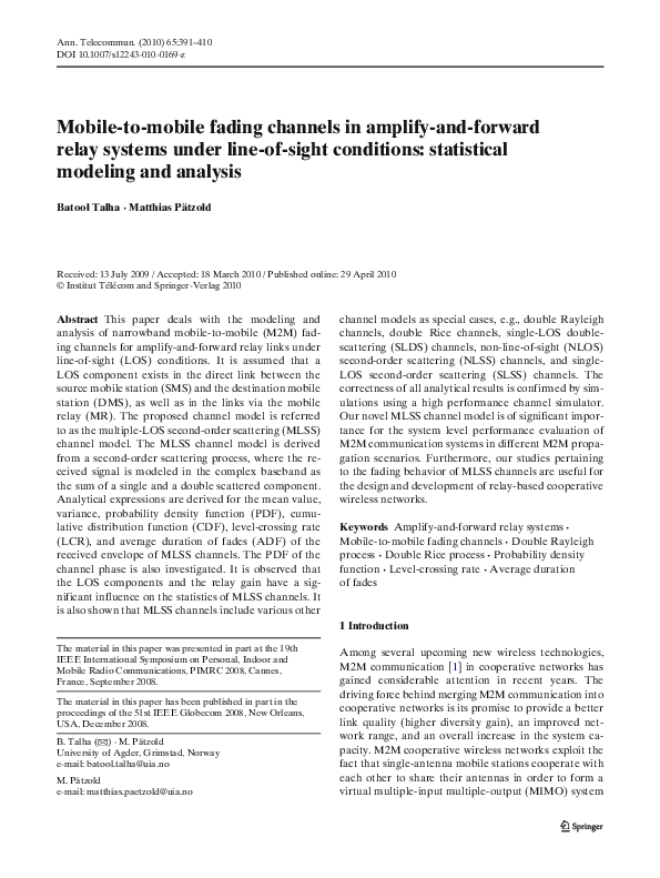 (PDF) Mobile-to-mobile fading channels in amplify-and-forward relay systems under line-of-sight ...