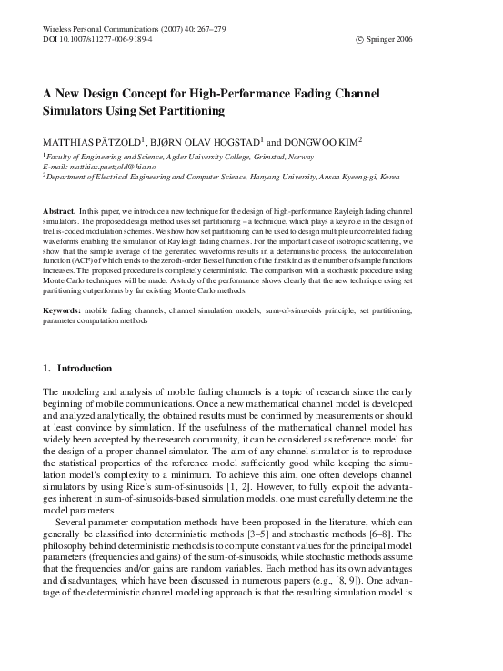 (PDF) A New Design Concept for High-Performance Fading Channel Simulators Using Set Partitioning
