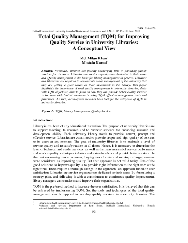(PDF) Total Quality Management (TQM) for Improving Quality Service in University Libraries: A ...