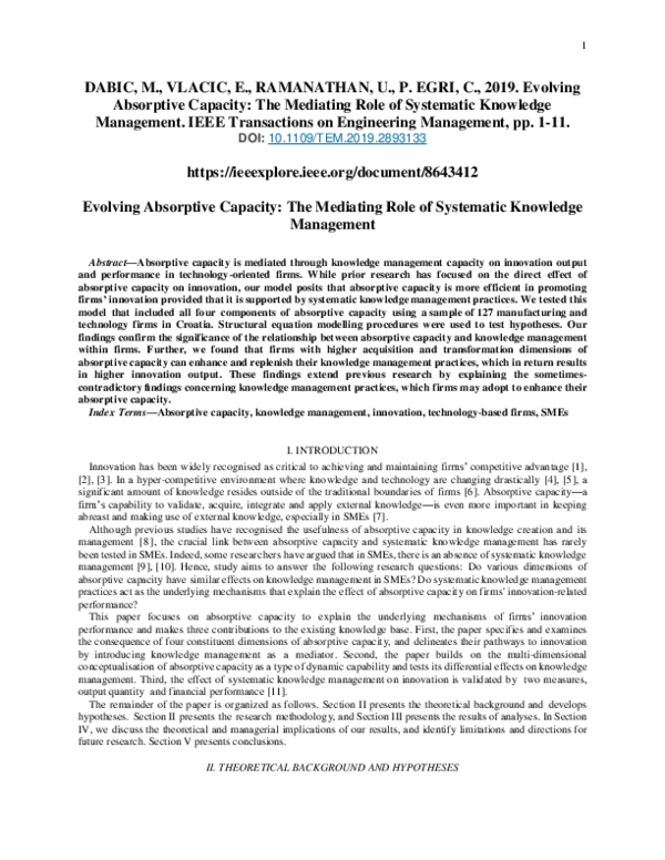 (PDF) Evolving Absorptive Capacity: The Mediating Role of Systematic Knowledge Management