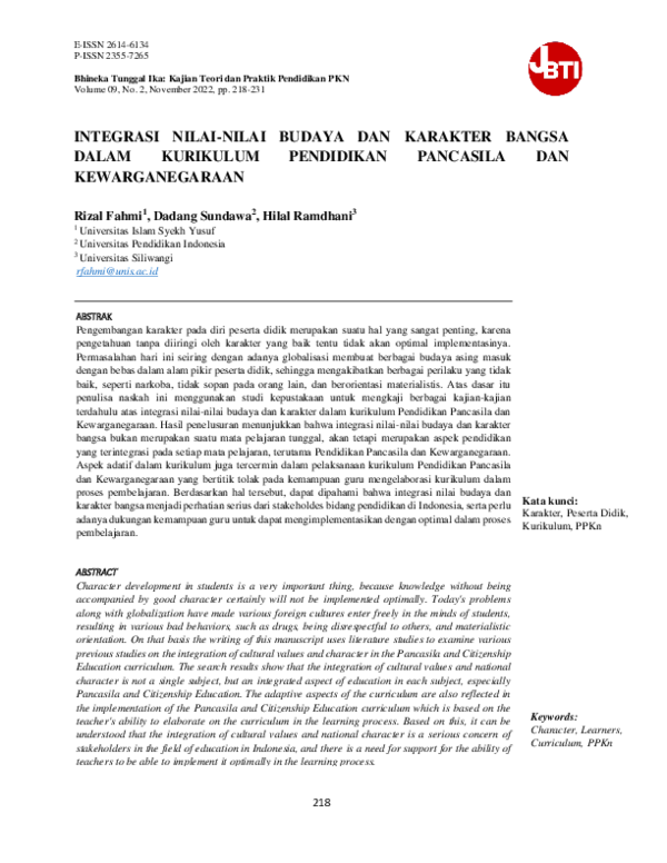(PDF) Integrasi Nilai-Nilai Budaya Dan Karakter Bangsa Dalam Kurikulum Pendidikan Pancasila Dan ...