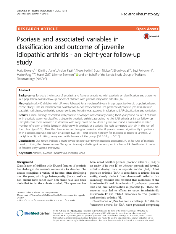 (PDF) Psoriasis and associated variables in classification and outcome of juvenile idiopathic ...