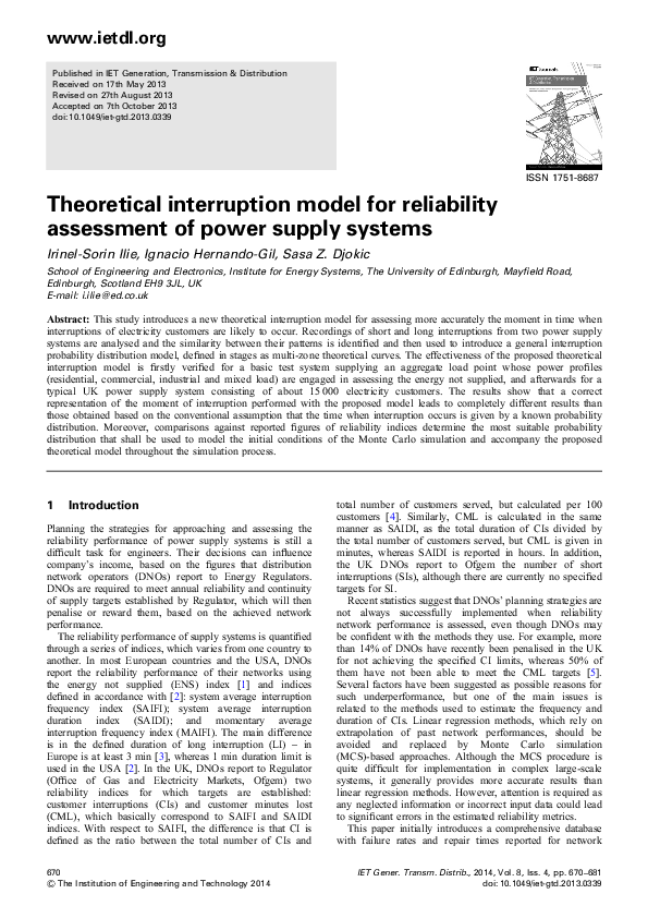 (PDF) Theoretical interruption model for reliability assessment of power supply systems