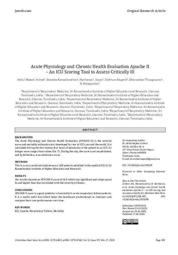 (PDF) Acute Physiology and Chronic Health Evaluation Apache II – An ICU ...