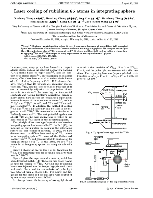 (PDF) Laser cooling of rubidium 85 atoms in integrating sphere