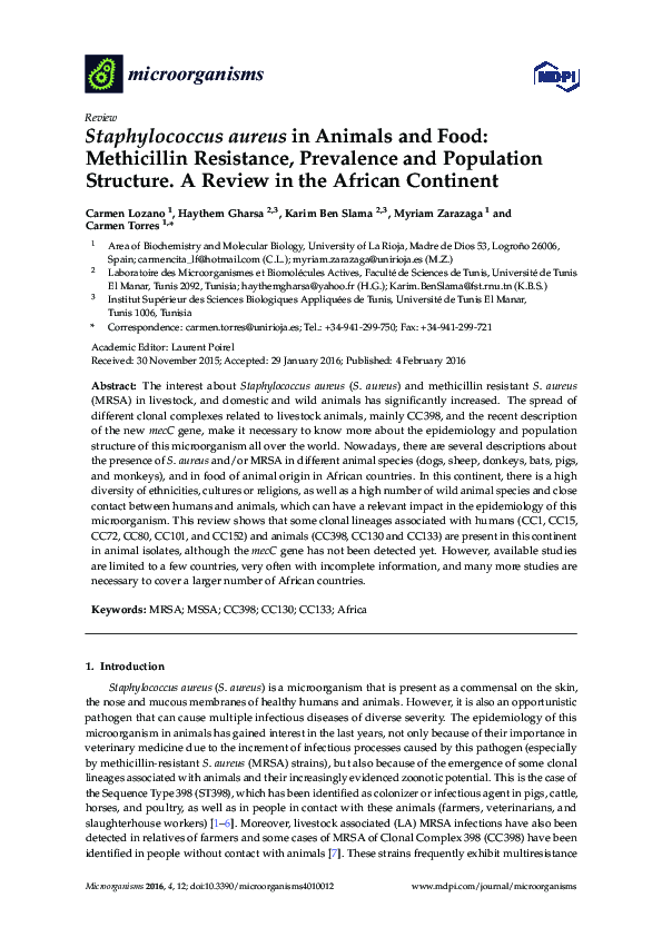 (PDF) Staphylococcus aureus in Animals and Food: Methicillin Resistance, Prevalence and ...