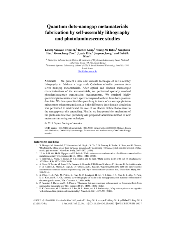 (PDF) Quantum dots-nanogap metamaterials fabrication by self-assembly lithography and ...