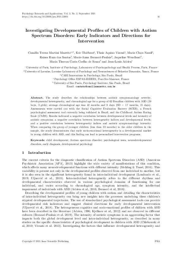 (PDF) Investigating Developmental Profiles of Children with Autism Spectrum Disorders: Early ...