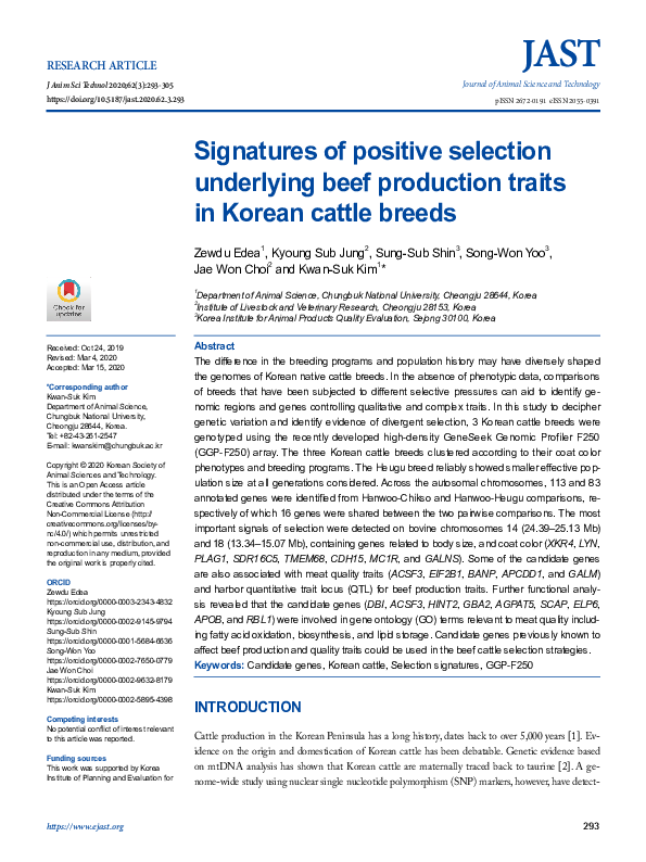 Pdf Signatures Of Positive Selection Underlying Beef Production Traits In Korean Cattle Breeds