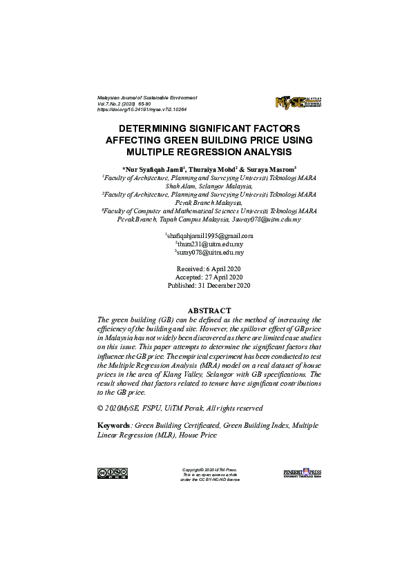 (PDF) Determining Significant Factors Affecting Green Building Price Using Multiple Regression ...