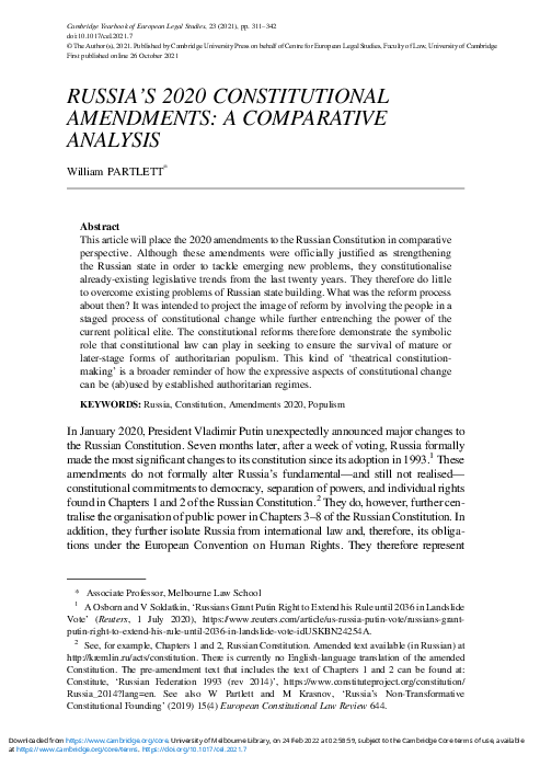 (PDF) RUSSIA'S 2020 CONSTITUTIONAL AMENDMENTS: A COMPARATIVE ANALYSIS