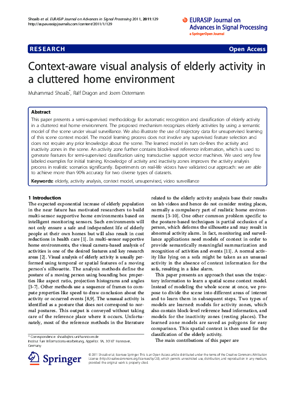 (PDF) Context-aware visual analysis of elderly activity in a cluttered home environment