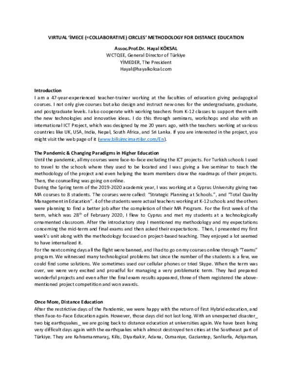 (PDF) VIRTUAL 'İMECE (=COLLABORATIVE) CIRCLES' METHODOLOGY FOR DISTANCE EDUCATION