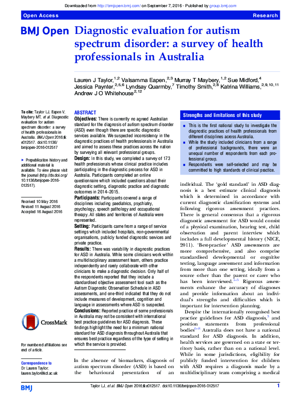 (PDF) Diagnostic evaluation for autism spectrum disorder: a survey of ...