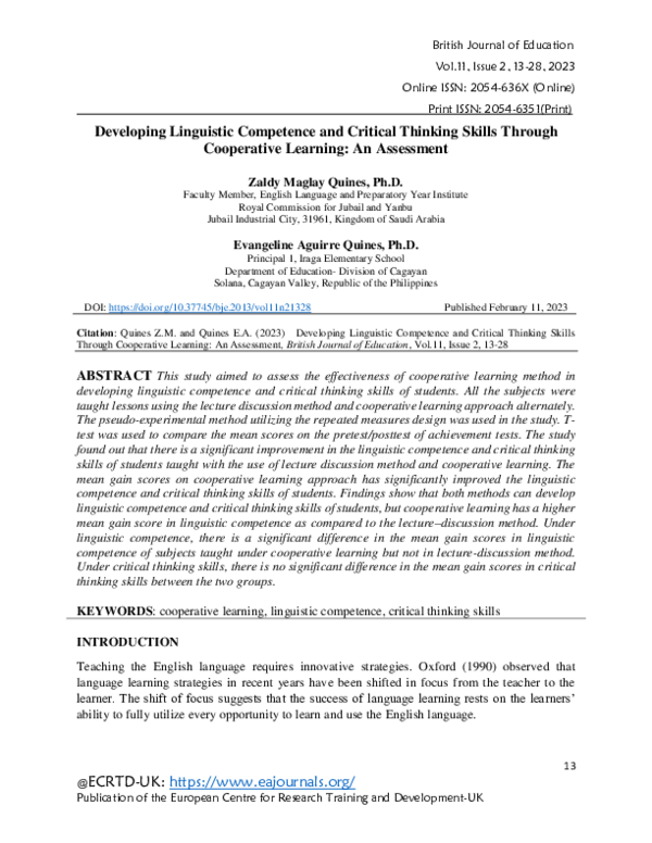 (PDF) Developing Linguistic Competence and Critical Thinking Skills Through Cooperative Learning ...