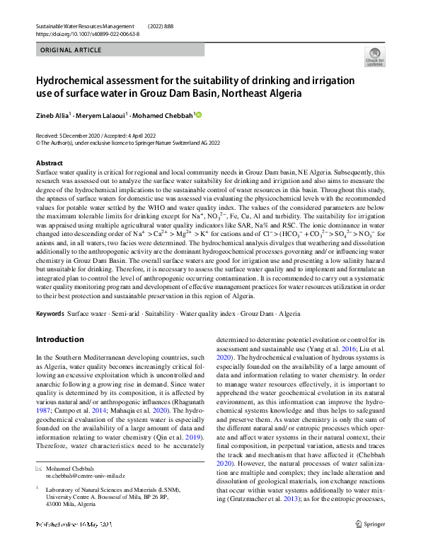 Pdf Hydrochemical Assessment For The Suitability Of Drinking And Irrigation Use Of Surface