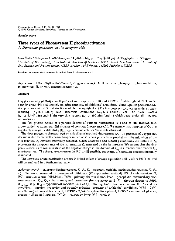 (PDF) Three types of Photosystem II photoinactivation