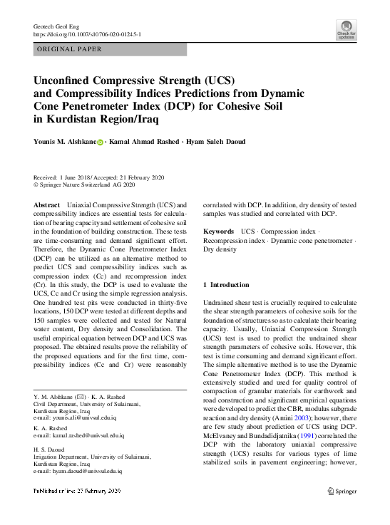 (PDF) Unconfined Compressive Strength (UCS) and Compressibility Indices Predictions from Dynamic ...