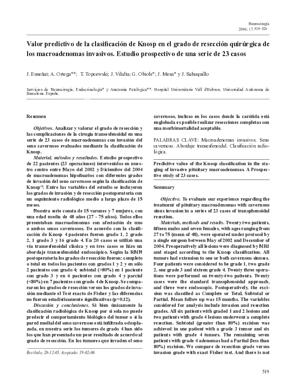 (PDF) Valor predictivo de la clasificación de Knosp en el grado de ...