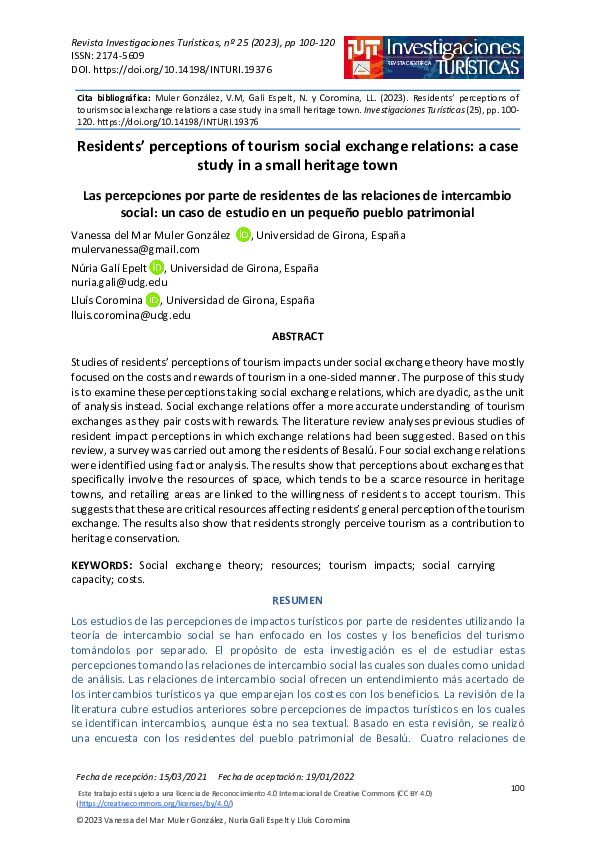 (PDF) Residents’ perceptions of tourism social exchange relations: a case study in a small ...