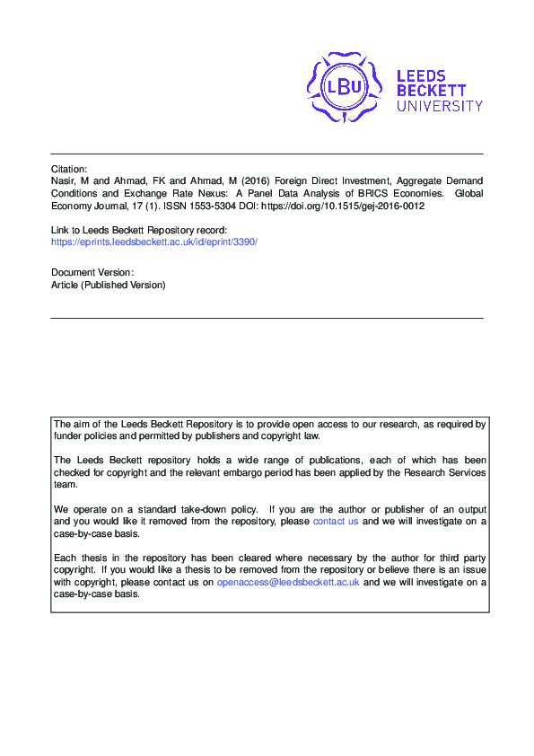 (PDF) Foreign Direct Investment, Aggregate Demand Conditions and ...