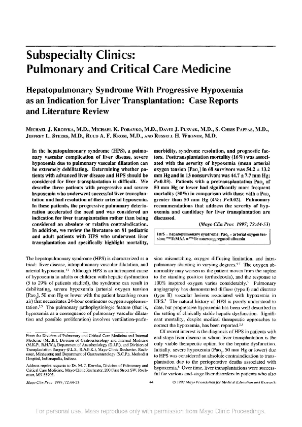 (PDF) Hepatopulmonary Syndrome With Progressive Hypoxemia as an ...