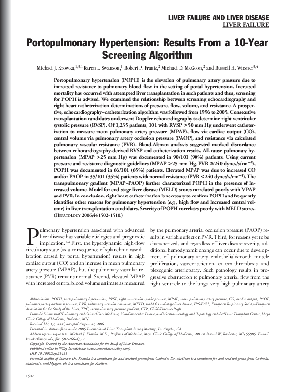 (PDF) Portopulmonary hypertension: Results from a 10-year screening ...